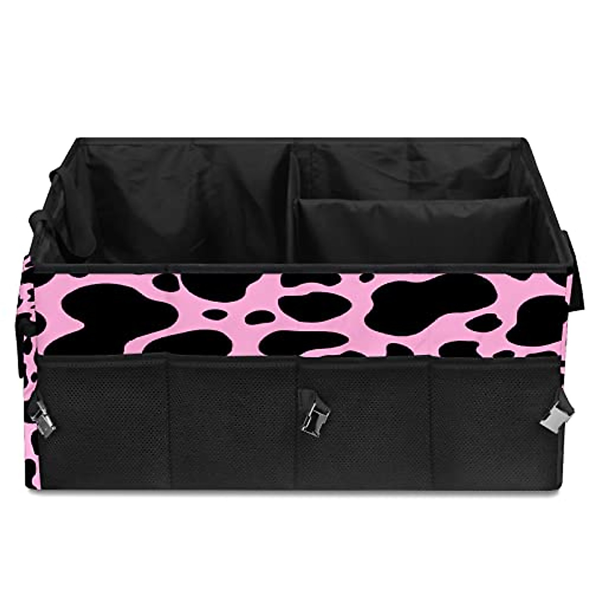 Car Trunk Organizer Pink And Black Cow Print Spot Car Back Seat Large Storage Organizer with 3 Divider Compartments Collapsible Trunk Cargo Organizer Groceries Tote for SUV Truck Camping Picnic