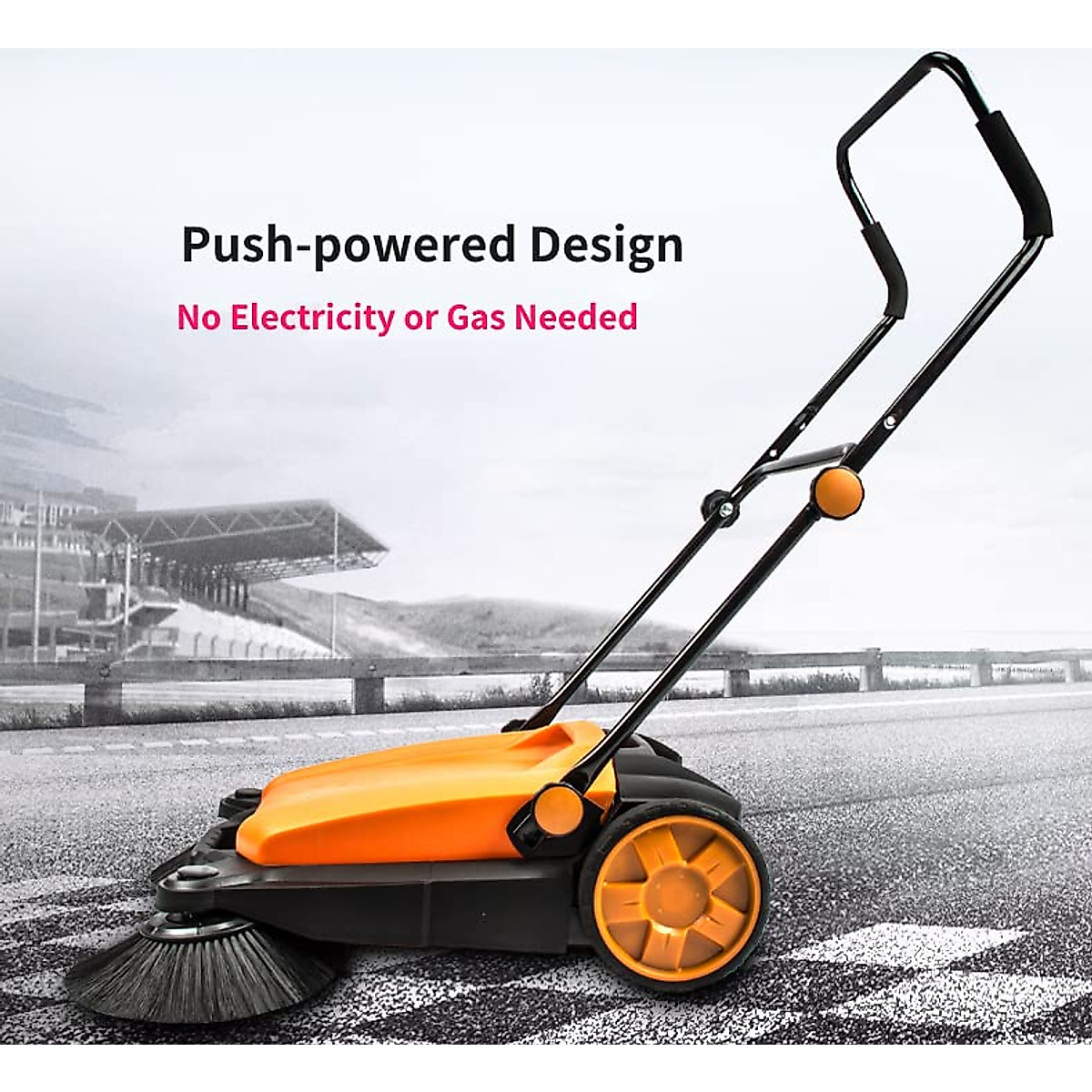 Walk-Behind Manual Push Floor Sweeper - 6.6 Gallon Capacity, 27.5" Sweeping Width, Sweeps 29,000 Square Feet/Hour