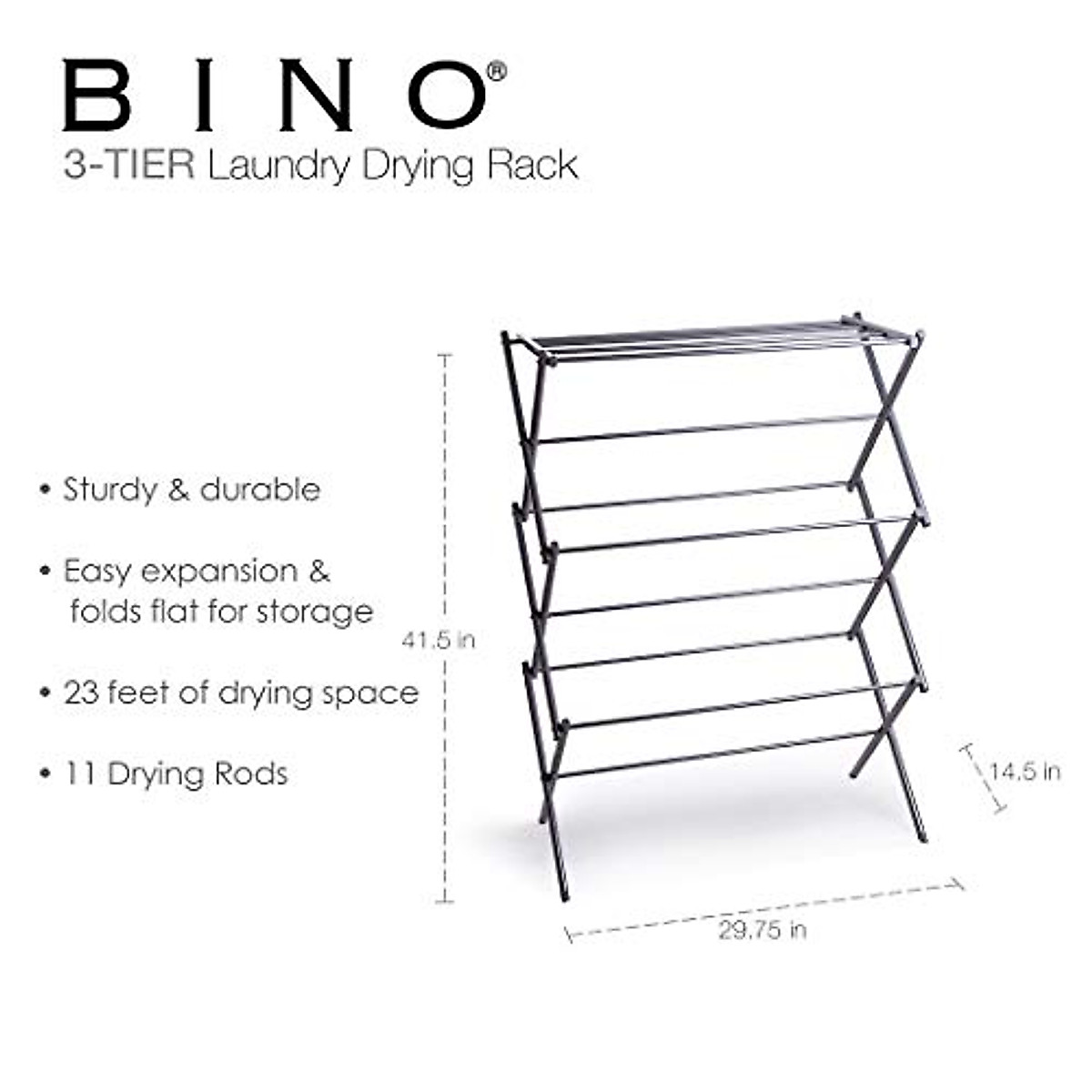 BINO | 3 Tier Foldable Drying Rack - Silver| Lightweight Steel Design, Easy Setup & Storage | Portable Steel Design | Laundry Drying Rack | Home Essential