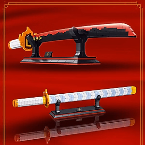 FDEYES Sword Valley Demon Slayer Swords Splicing Building Block Model, 790Pcs Blocks Toys Cosplay Anime Katana, 27in Handmade Samurai Sword Set with Scabbard and Stand