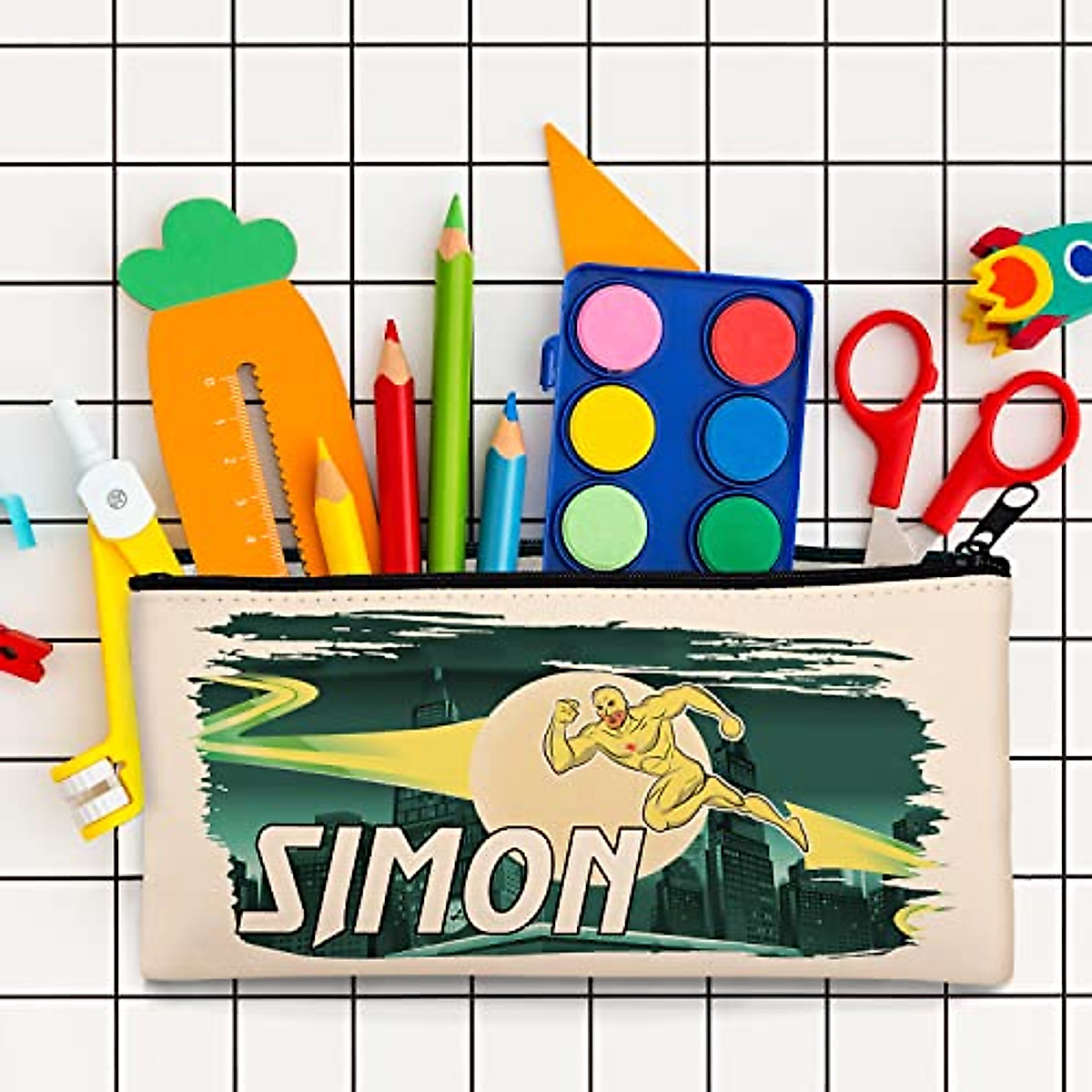 Personalized Super Hero Pencil Case w/Name Students - Custom Superhero Pen Box Birthday Gifts Boys Girls - Customized Canvas Pencils Cases Box - 10''x6'' - Man Pencil Pouch Spider Bat Design C1 Beige
