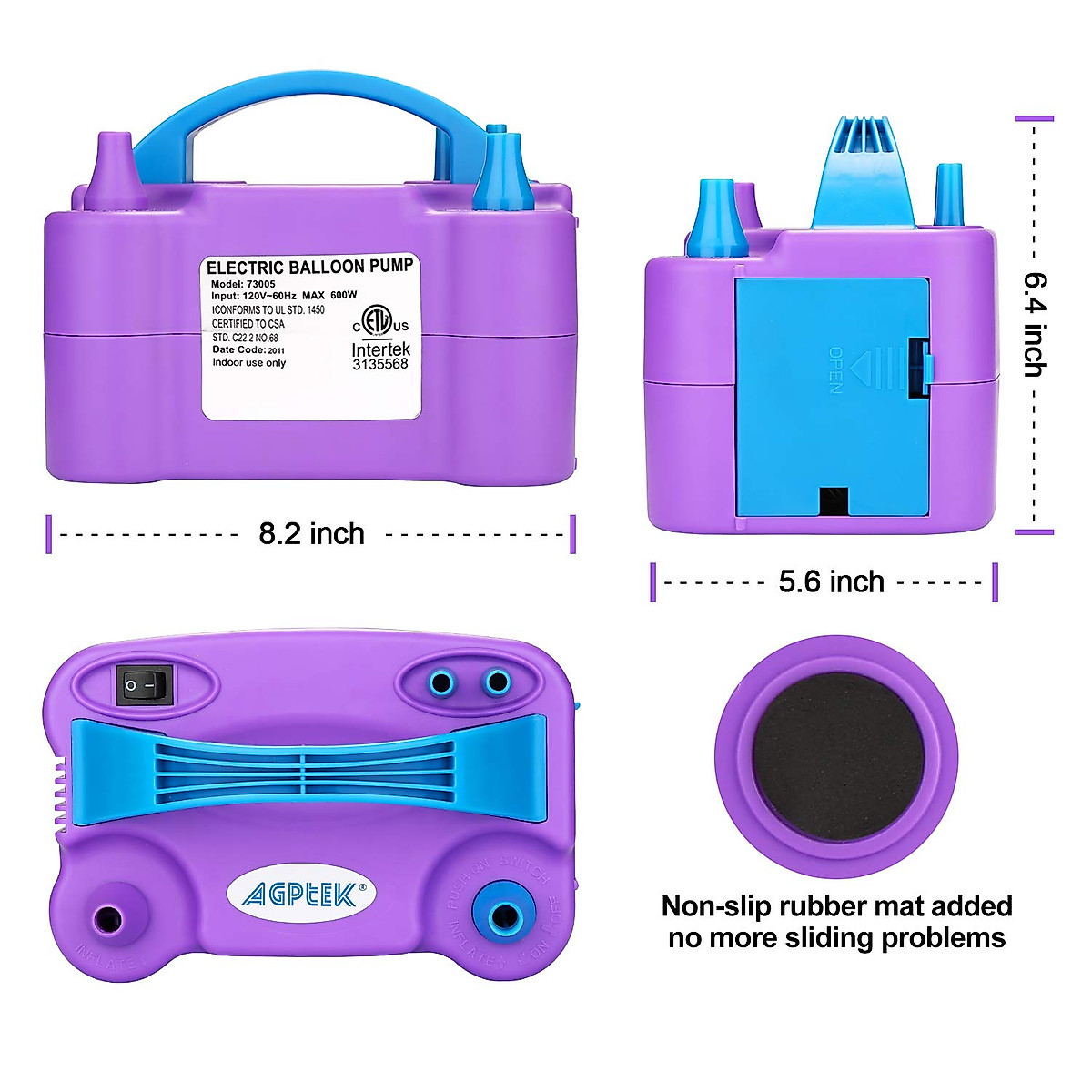 AGPTEK Electric Air Balloon Pump, 110V 600W Purple Portable Dual Nozzle Inflator/Blower for Party Decoration,with 2 Balloon Tying Tool