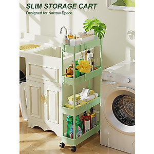 LEHOM 5.3" Slim Storage Cart - 4 Tiers Bathroom Organizer Mobile Shelving Unit Storage Rolling Utility Cart Slide Out Organizer for Kitchen Bathroom Laundry Narrow Places, Green