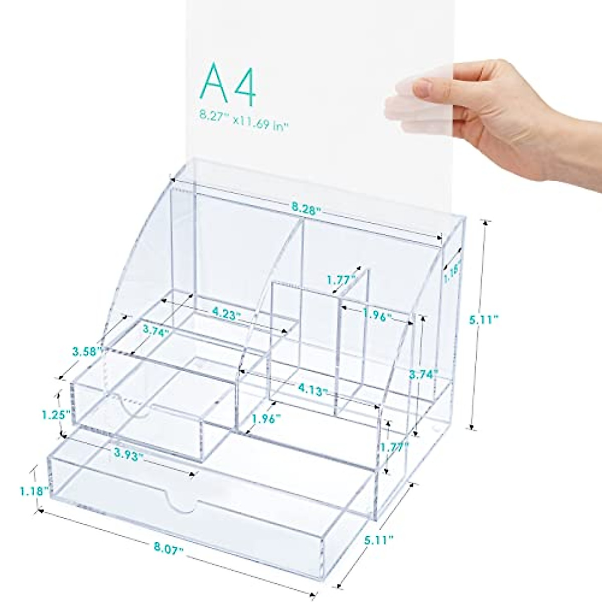 ARCOBIS Acrylic Desk Organizer with 2 Drawers, Clear Office Desktop Accessories Stationery Pen Organizer for Desk, Features 5 Compartments + 2 Sliding Drawer