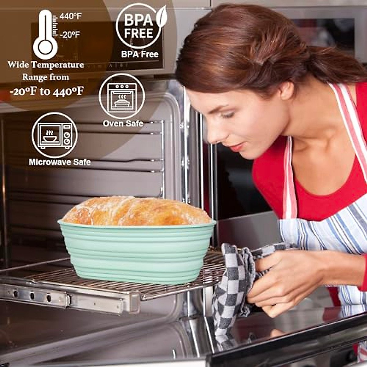 MaMix Banneton Bread Proofing Basket Set of 2, Silicone Sourdough Bread Baking Supplies, 9 inch Round & 10 Oval Sourdough Starter Kit Includes Essential Tools, Easy to Clean and Use (Green)