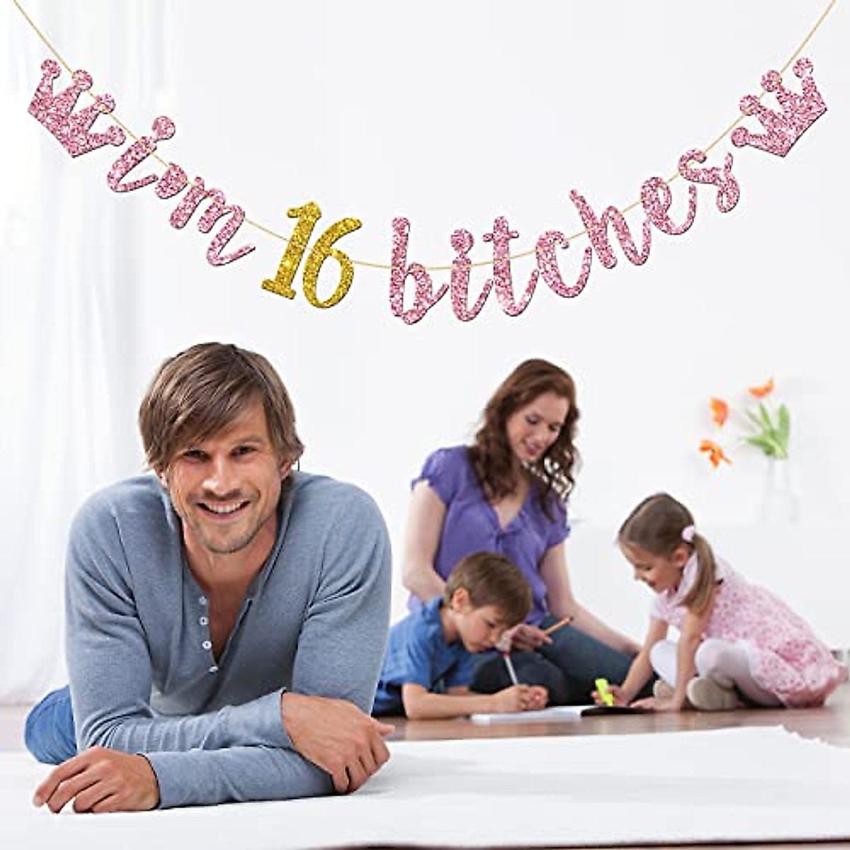 Pink Gold I'm 16 Bitches Banner, Happy 16th Birthday Party Decorations for Girls, 16th Wedding Anniversary Party Supplies Glitter Sweet 16 Banner