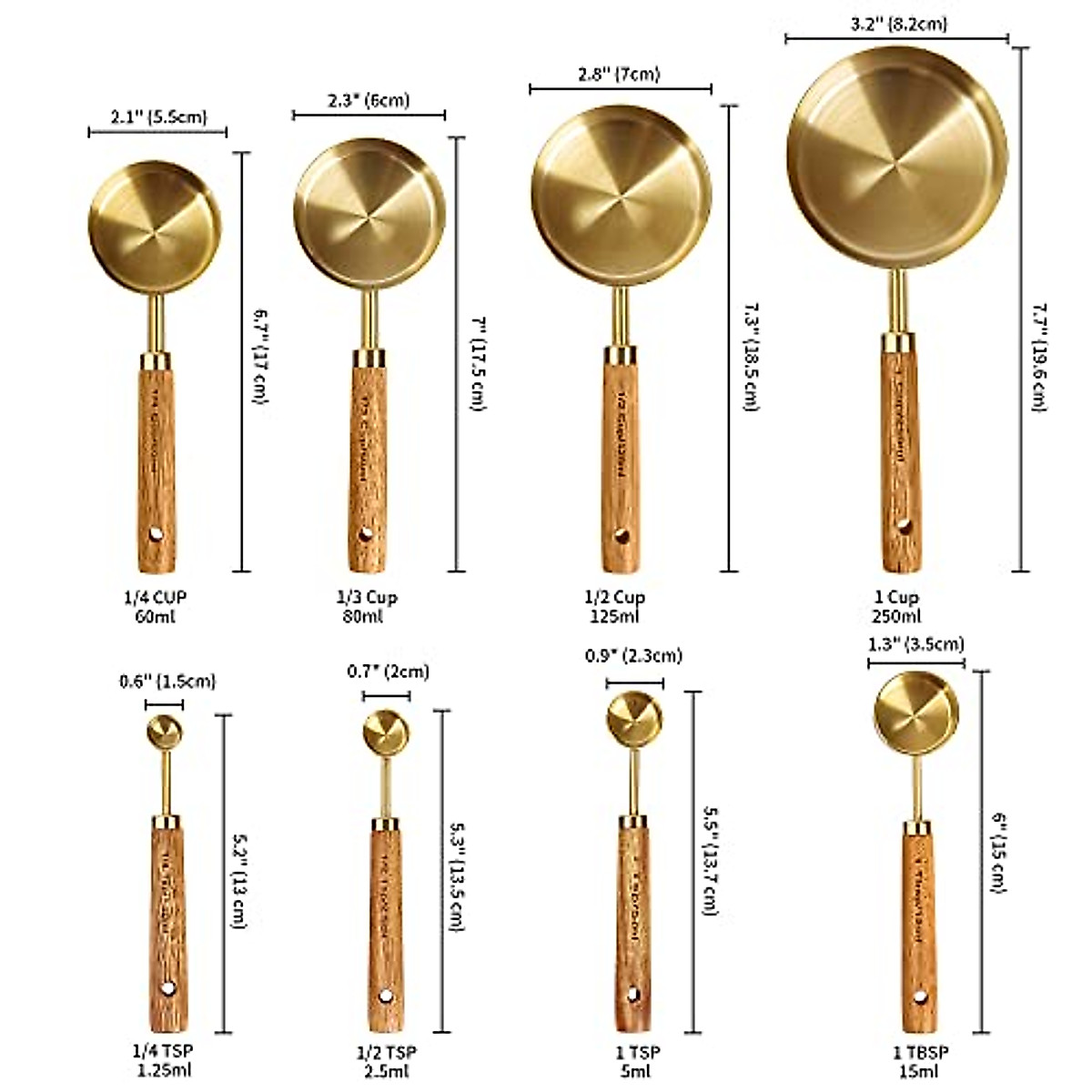 GuDoQi Measuring Cups and Spoons Set of 8, Wood Handle with Metric and US Measurements, Premium Stainless Steel, Golden Polished Finish, Dry & Liquid Measuring Cup, for Cooking and Baking