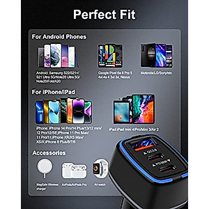 78W USB C Car Charger, Super Fast Charging Cigarette Lighter Adapter, 3 Port Power Delivery Auto Cargador for Samsung Galaxy S22 Ultra, Apple iPhone 14 Pro Max 13, iPad, Google Pixel, Kindle Fire, PS5