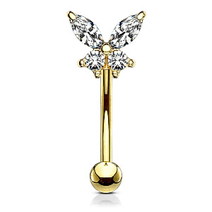 Forbidden Body Jewelry 16g 8mm Curved Barbell for Daith, Eyebrow, Rook & Belly Button w/CZ Butterfly Top, Clear/Gold Tone