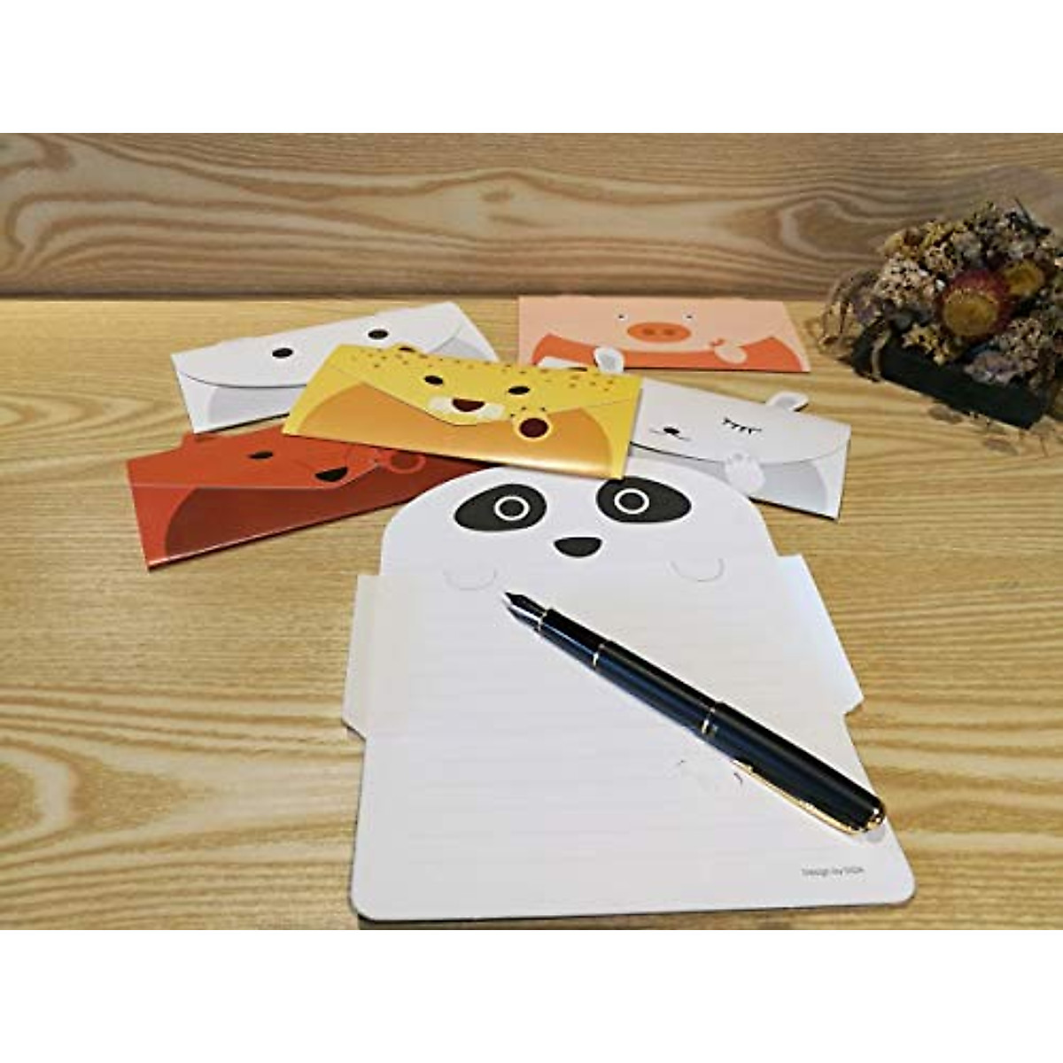 JINSRAY Cute Lovely Animal Cartoon Letter Writing Stationery Paper, Greeting Card, Thank You Card, 12pcs with Envelopes and Animal Stickers，Size 6.3" X 8.3" Paper, – Panda Bear Fox Leopard Pig Rabbit