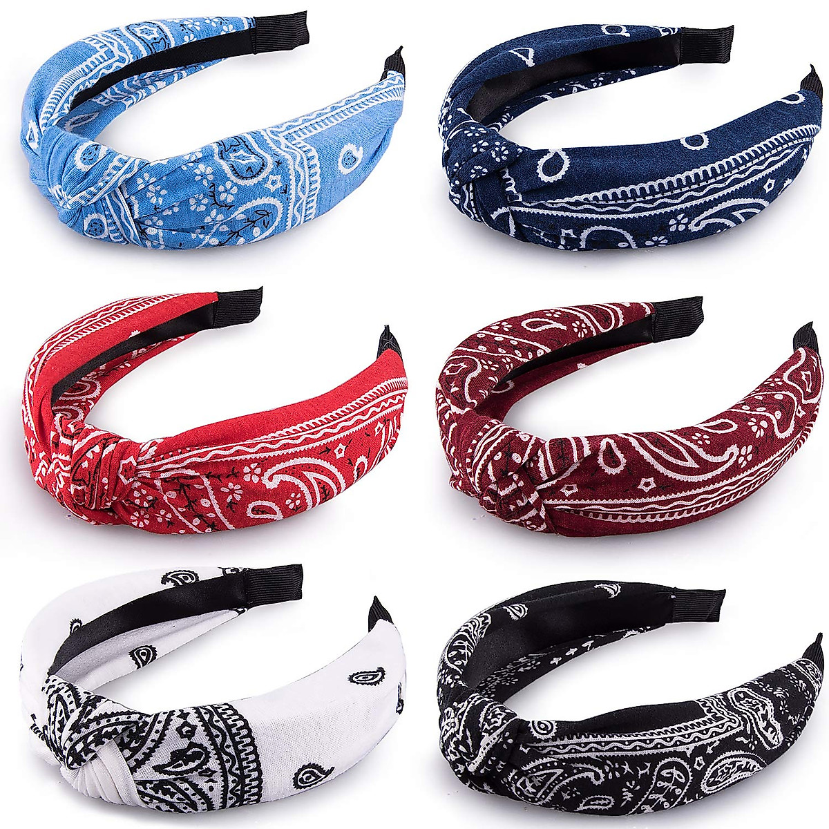 Duufin 6 Pieces Paisley Bandana Headbands Twisted Knot Boho Headbands Top Knot Headband Vintage Cross Knotted Headbands for Women and Girls