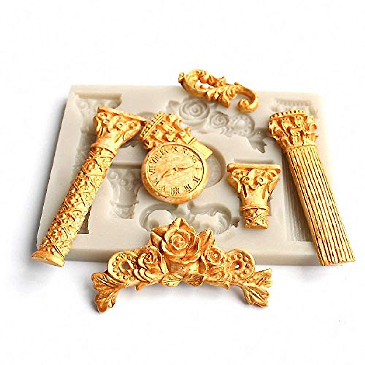 Set of 2 Roman Column Silicone Fondant Mold Greek Marble Pillars Bas Relief Retro European Pattern Clock Gumpaste Chocolate Candy Mold Cake Decorating Tool