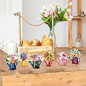 6 Pieces Spring Wood Block Signs Wooden Tabletop Spring Signs Spring Decor Flowers Decor Tiered Tray Decorations Watering Can Spring Table Centerpiece Wall Pediments for Home Farmhouse Tabletop