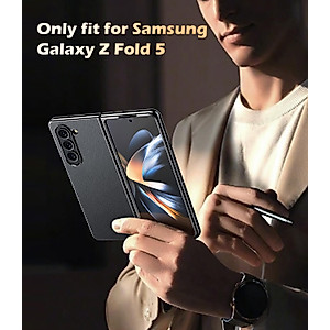 JUESHITUO 3-in-1 for Samsung Galaxy Z Fold 5 Case, [Omni-Directional Protection] [Metallic Glossy Bumper] Fascinating Touch Silm Fit Stylish Leather 5g Case for Galaxy Z Fold 5 Phantom Black