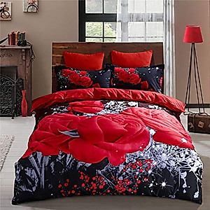 Labstandard Red Duvet Cover Set Queen, 3D Printed Rose Bedding Soft Comforter and Breathable Quilt Cover(1 Duvet Cover, 2 Pillowcases, Zipper Closure)