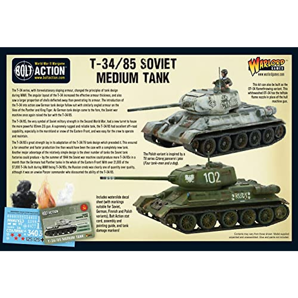 Bolt Action Soviet T34/85 Medium Tank 1:56 WWII Military Wargaming Plastic Model Kit