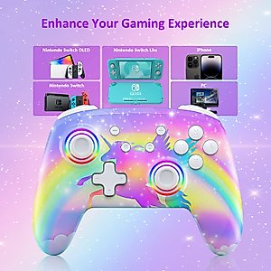 NexiGo Controller (No Deadzone) for Switch/Switch Lite/OLED, Bluetooth Wireless Controllers for Nintendo Switch with Vibration, Motion, Turbo and LED Light, Gift for Gamer Girls Boys (Violet Unicorn)