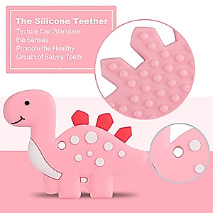 Baby Teething Toys for Babies 3-6 6-12 Months, Dinosaur Teether Pain Relief Toy with One Piece Design Pacifier Clip Holder Set, Freezer Safe Neutral Shower Gift for Boys and Girls (Pink)