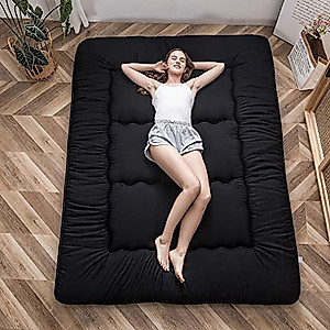 MAXYOYO Japanese Floor Mattress Futon Mattress, 4" Thicken Tatami Mat Sleeping Pad Foldable Roll Up Mattress Boys Girls Dormitory Mattress Pad Kids Floor Lounger Pillow Bed, Black, Full