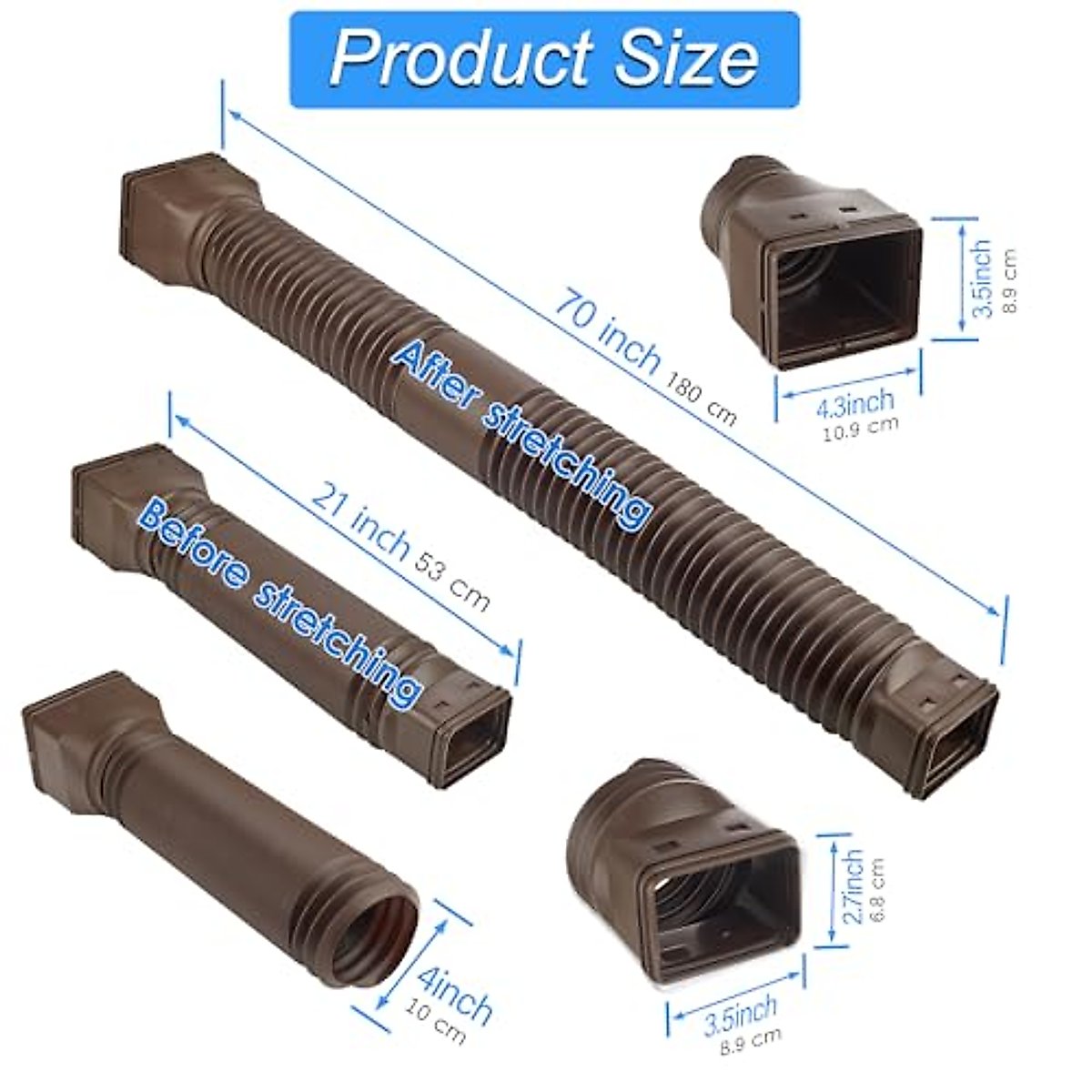 Gutter Downspout Extensions, 2 Pack Flexible Rain Gutter Downspout Extenders, Drain Downspout Extender for House Gutter Splash Block, Drainage Pipe Connector from 21"-70" - Brown