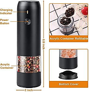 Electric Pepper Grinder Mill, USB Rechargeable Salt and Pepper Grinder with Ceramic Grind and LED Light, Adjustable Coarseness and Refillable Glass, No Battery Needed - Black