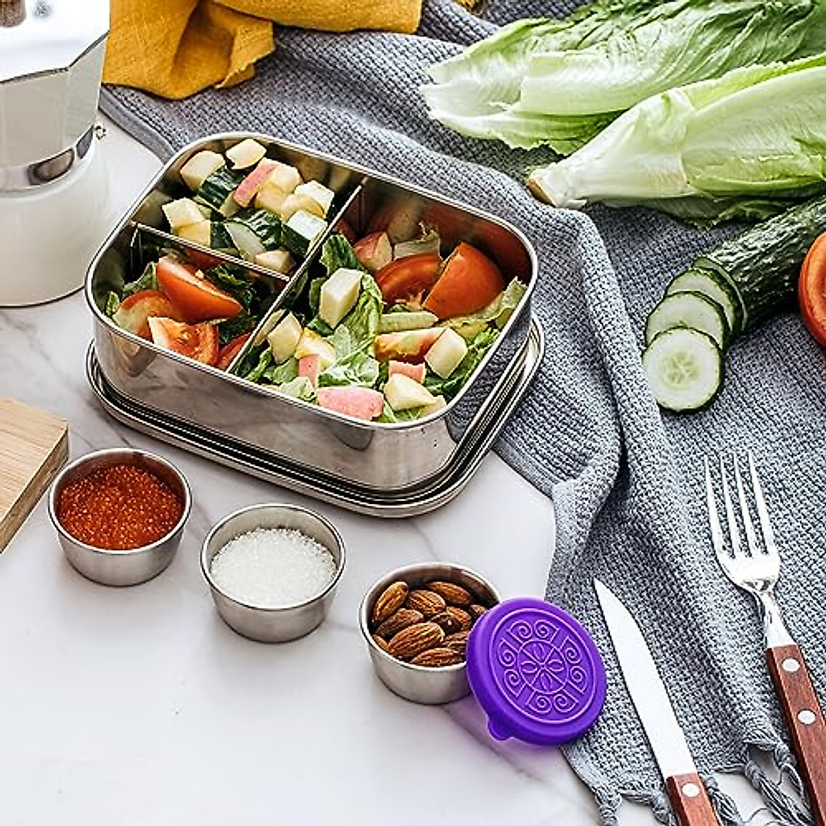 Suttmin 4 Pcs Stainless Steel Bento Box Set, Lunch Containers 3 Sections Portion Control Containers 3 Pcs Mini Stackable Condiment Containers for Lunch Box (Purple,6.5 x 4.92 x 2.44 Inch)