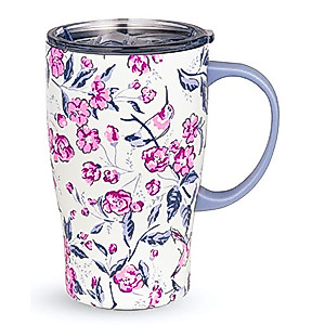 Vera Bradley Insulated Coffee Mug with Handle, 18 Ounce Stainless Steel Tumbler with Lid, Pink Floral Metal Thermal Cup, Hummingbird Ditsy