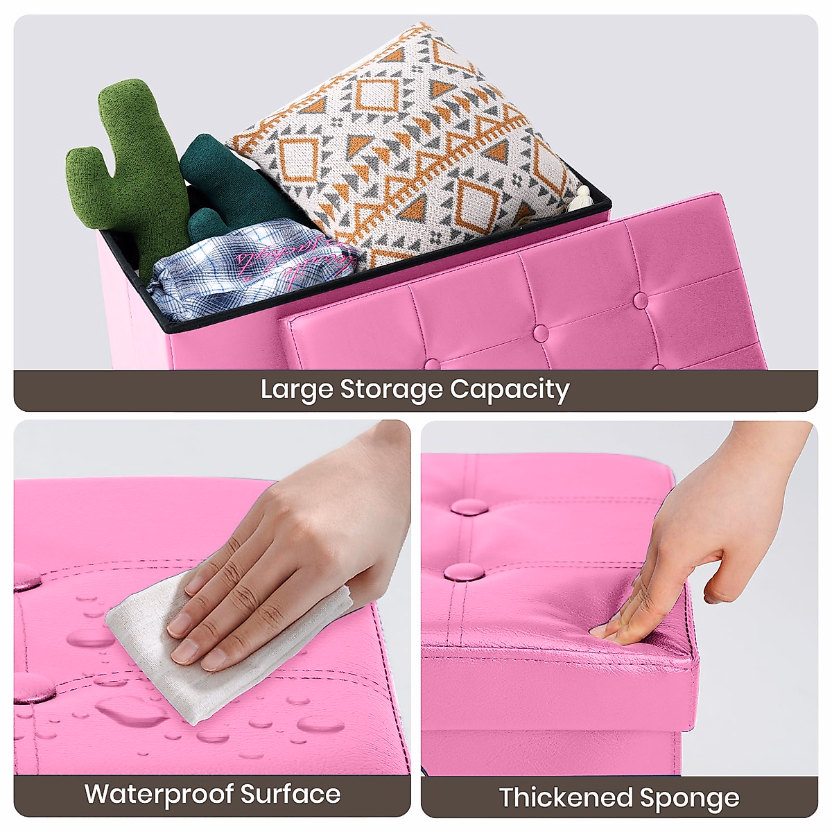 COSYLAND Ottoman Bench with Storage large - 30x15x15in folding Leather Ottoman, Rectangle Foot Stool Foldable Storage Chest Ottoman Footrest Footstool Collapsible with Lid for Bedroom Living Room Pink