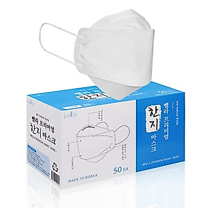 [Made in Korea] Bella Premium Hanji Mask (50, White): Filter Efficiency: 97%, 4-Layer Breathable Quality 3D Mask with Adjustable Nose Strip