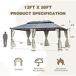 MELLCOM 12x20ft Hardtop Gazebo, Permanent Outdoor Patio Gazebo with Double Aluminum Composite Roof for Patio Lawn and Garden, Curtains and Netting Included