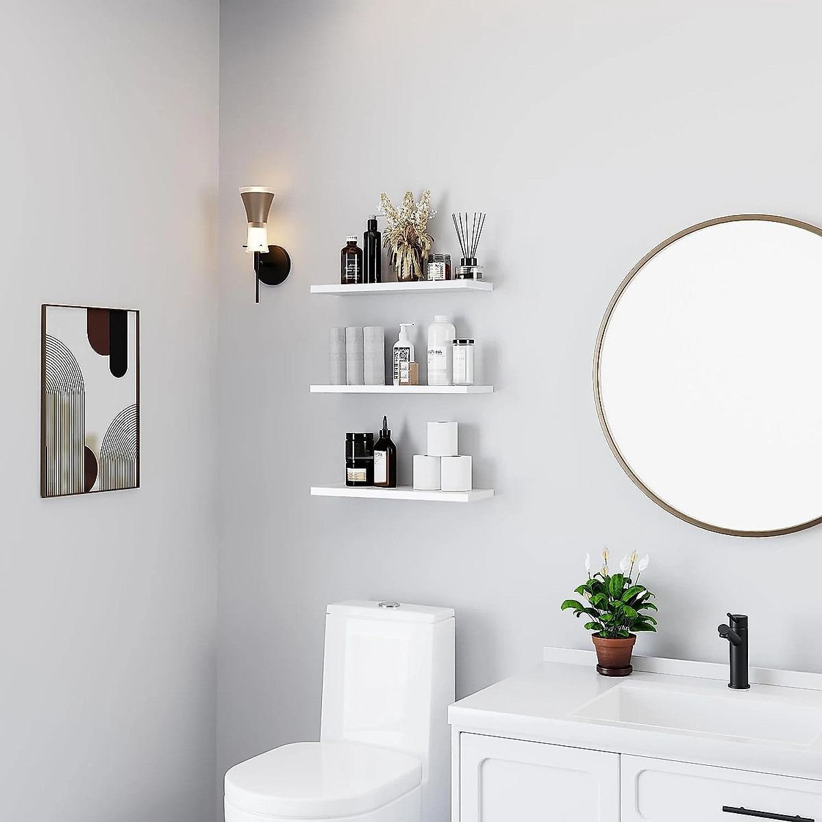 GATIHOK Floating Shelves for Wall, White Wall Shelves Display Shelf for Home Decor, Wooden Storage Floating Shelf with Invisible Brackets for Livingroom Bedroom Kitchen Home, 3Pack