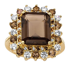 PalmBeach Yellow Gold-Plated Emerald Cut Genuine Smoky Topaz, Mystic Fire Purple or Blue Glass and Cubic Zirconia Ring Size 7