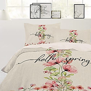 Hello Spring California King Duvet Cover Set, Teal Red Spring Floral Botanical Rustic Burlap Microfiber 3 Piece Bedding Set with 2 Pillowcases & 1 Quilt Cover, 92"W x 106"L, California King Size