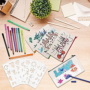 QUEEN KING 44 Pieces Blank Craft DIY Canvas Bags, 24pcs Canvas Zipper Pouch Bags and 8pcs White Template with 12pcs Watercolor Pens, Canvas Pencil Pouch Canvas Makeup Bags for Girls Teens (4.7*8.3in)