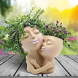 WEWEOW Face Planter Pot - Double Flower Pots in One for Indoor Outdoor Plants Resin Head Planter with Drainage Hole Cute Lady Face Plant Pots, DIY Gifts for Family and Friends