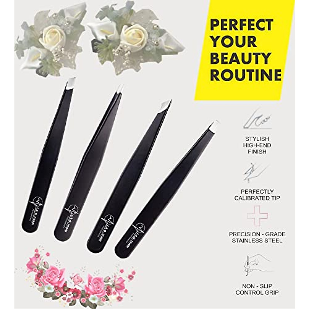 S.A.Q. JILLANI Eyebrow Precision Tweezers Set- For Men and Women Facial and Ingrown Hair Removal - Professional Stainless Steel Splinter and Slant 4 Pieces with Case (Black)