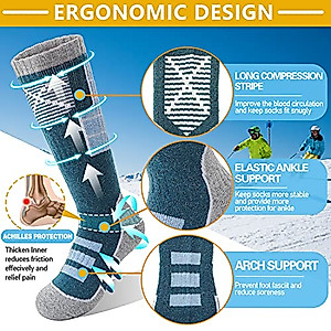 Anlisim Kids Merino Wool Ski Socks for Girls Boys Teen Thermal Winter Warm Thick Hiking Knee High Socks Stocking Stuffers for Skiing Snowboarding (Grey / Dark Blue / Green C, 12-15 Y)
