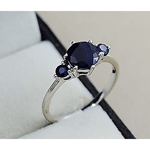 Three Stone Natural Blue Sapphire 7 MM Round Cut 925 Sterling Silver September Birthstone Cluster Unisex Proposal Ring Girlfriend Gift For Valentine Day (Rhodium Plated Silver, 6)