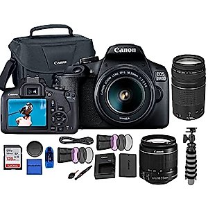 Camera EOS 2000D (Rebel T7) DSLR Camera w/EF-S 18-55mm F/3.5-5.6 Lens + EF 75-300mm f/4-5.6 III Lens + Deluxe Case + Sandisk 128GB Memory Card + 3pc Filter Kit + Tripod + Card Reader + Cleaning Kit