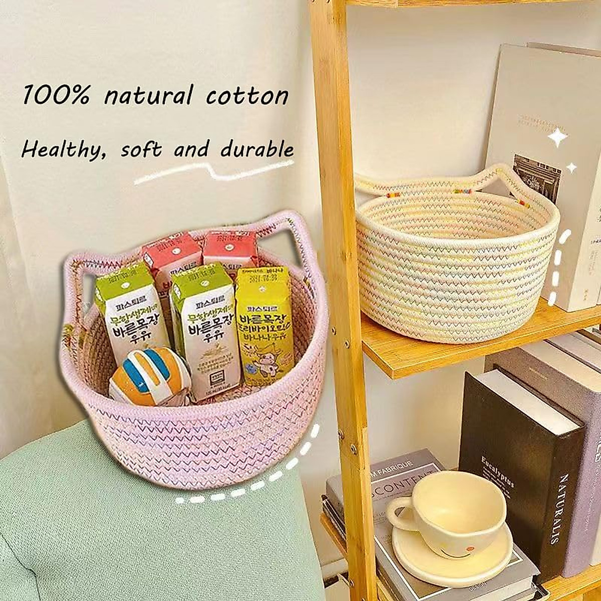 Cute Rainbow Storage Basket for Decor 3packs Shelves Cotton Rope Basket Woven Baskets Closet Organizer with Handle, Stylish Home Bedroom Table Organizer,Toy Baskets Organizers & Storage 11.5L(Pink)