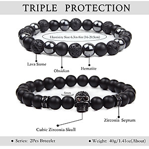 Black Obsidian Bracelet - Skull Bracelet - Tourmaline Beaded Bracelets - 8MM Black Onyx Hematite Lava Stone Beads Triple Protection Bracelet for Men Women Gifts