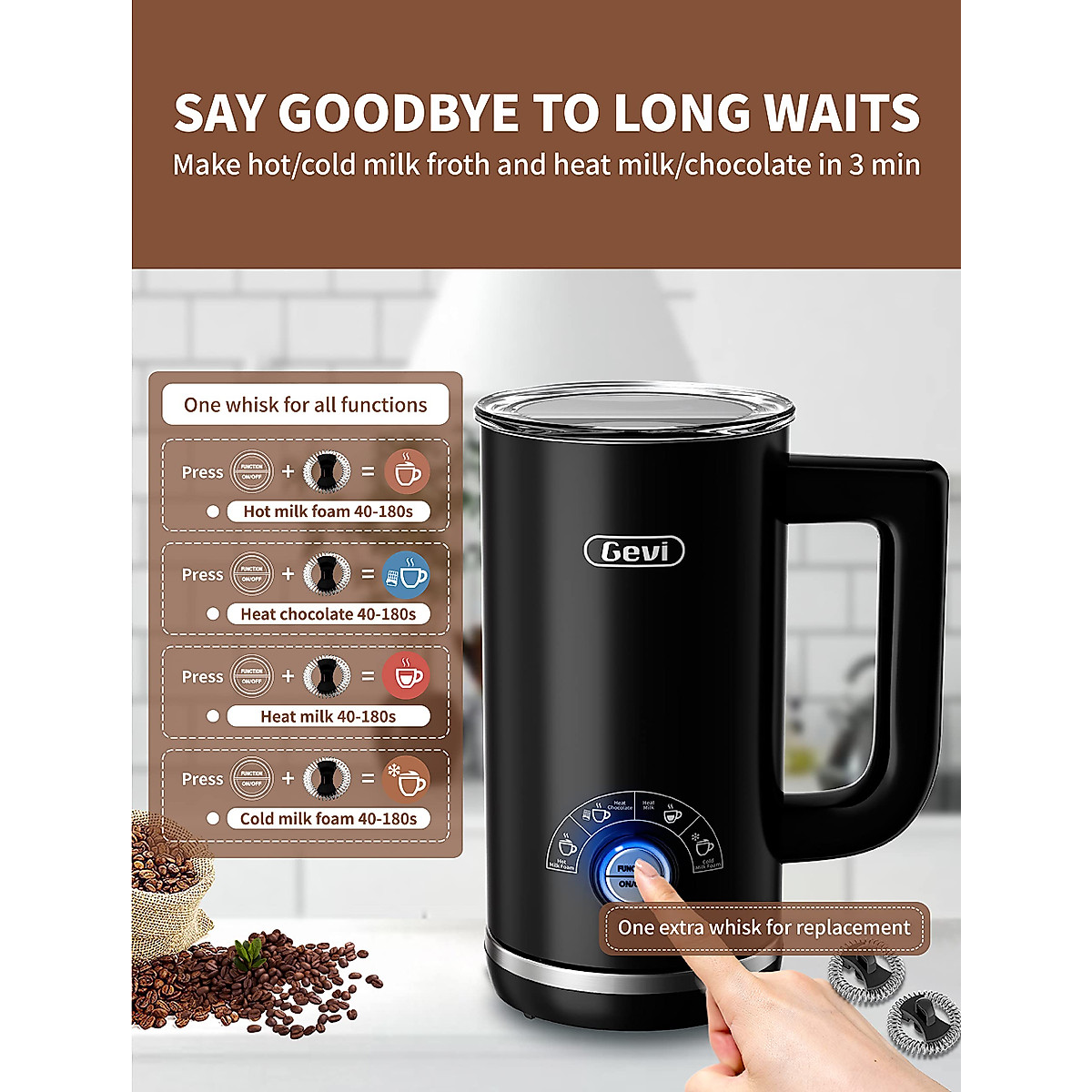 Gevi 4-in-1 Automatic Electric Milk Frother, Steamer & Warmer, 150ml, Black, Stainless Steel