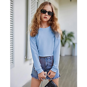 Arshiner Girls Crop Tops Kids Long Sleeve Pullover Sweatshirts Girls Cropped Crewneck Sweatshirt Girls Light Blue Sweatshirt 9 Year Old Girl Clothes