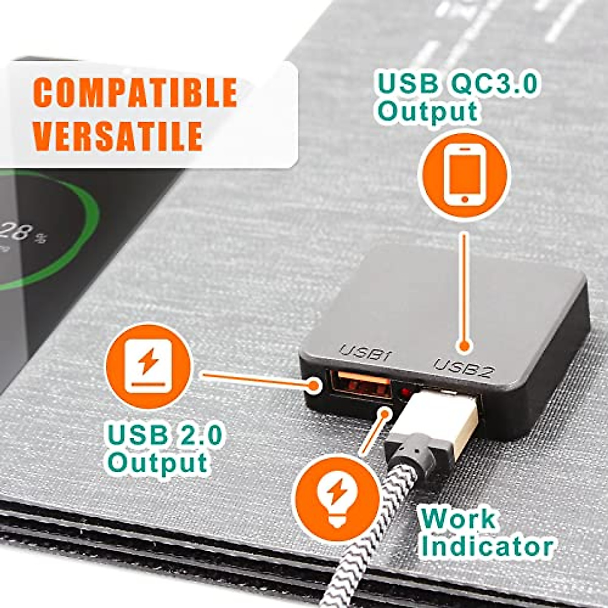 Foldable Solar Panel Charger w/ 5V/12V USB Ports 30W Portable Solar Charger for Cell Phone, Power Bank, Laptop, Digital Camera, Drone, etc.