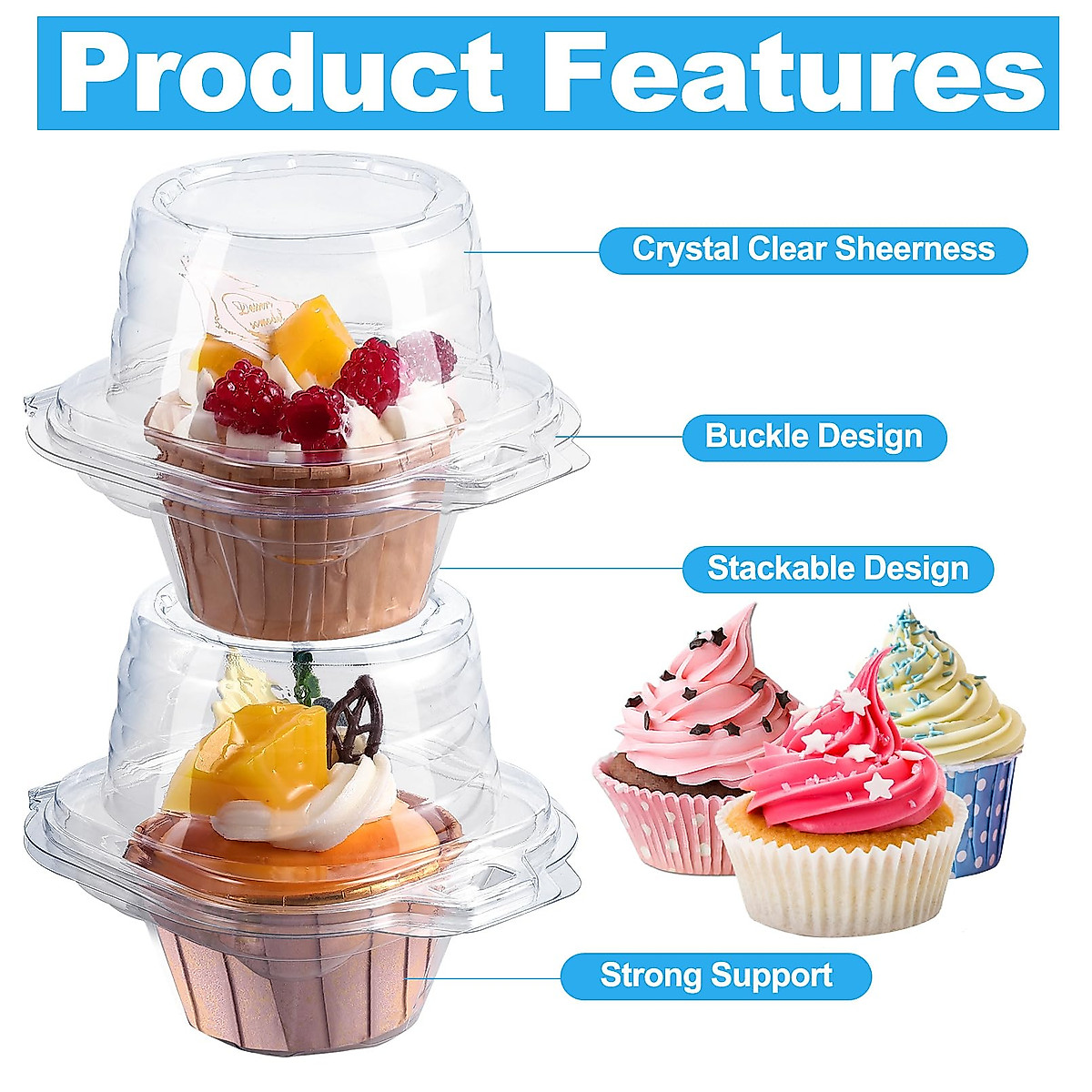 Vyndicca 100Pack Individual Cupcake Containers,Disposable Clear Plastic Cupcake Holders,Stackable Single Compartment Cupcake Carrier With Connected Airtight Deep Dome Lid for Cake Muffins,BPA Free