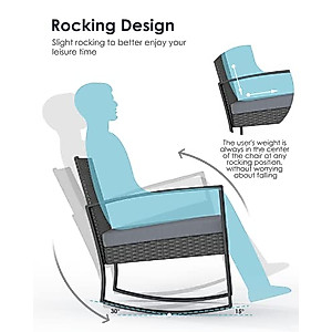 3 Pieces Wicker Patio Furniture Set, Modern Rocking Conversation Set with Coffee Table, Outdoor Rattan Patio Chairs Bistro Set for Balcony Porch Garden Yard Poolside, Grey