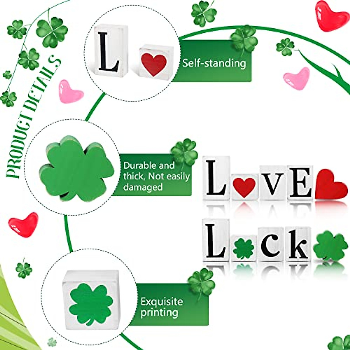 Glenmal 6 Pieces St. Patrick's Day Table Clover Signs Set Farmhouse St. Patrick's Day Wood Sign Double Side Four Leaf Clover Heart Block Wooden Luck Tiered Tray Decor for Kitchen Mantle Office Decor