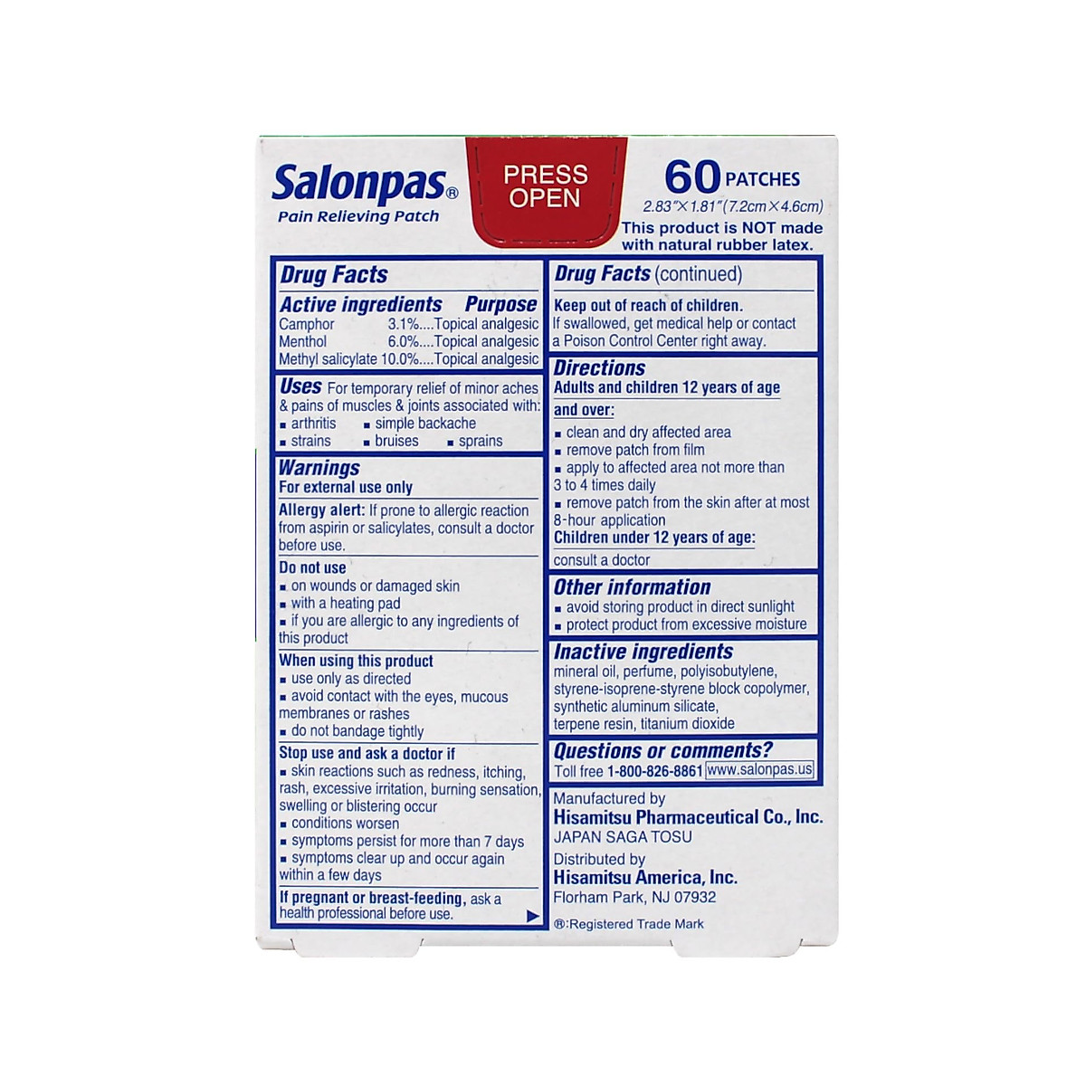 Salonpas Pain Relieving Patch, Extra Strength Topical Analgesic, 60 ct (Pack of 2)