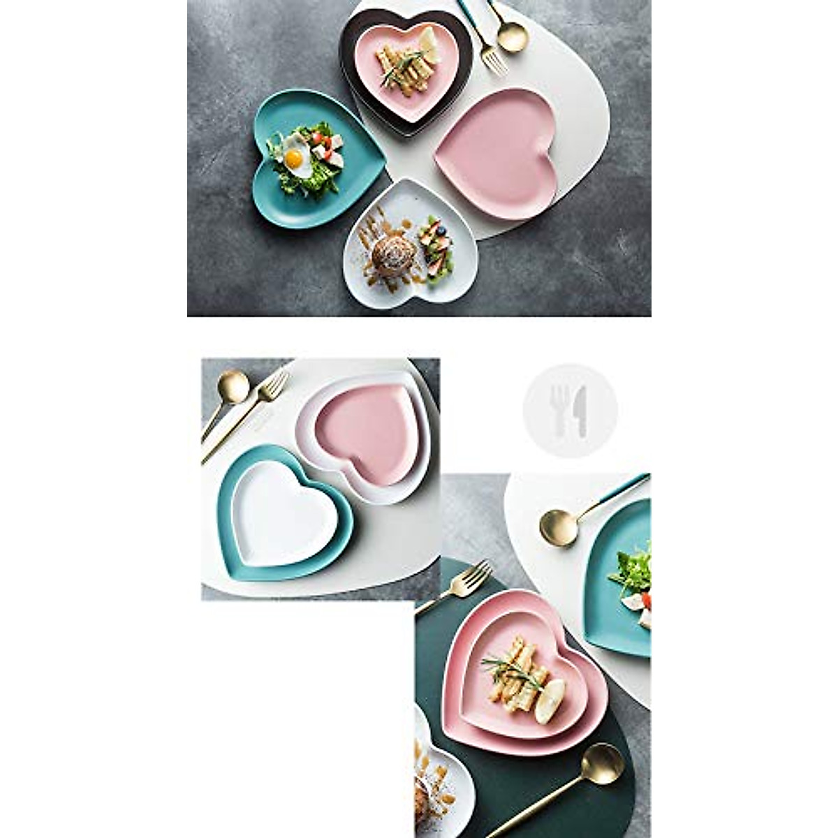 FUYU 2pcs Colorful Matte Heart Shaped Ceramic Dinner Plate Salad Plate Dessert Plate Steak Plate