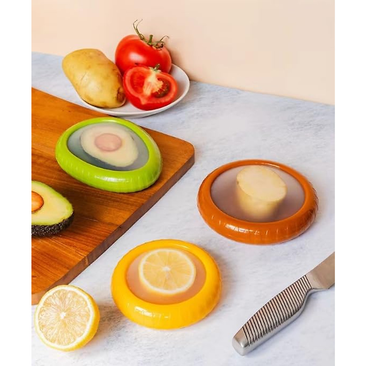 WinGetor 4pcs Silicone Fruit Storage Box, Upgrated Silicone Fruit Storage Containers, Reusable Fruit Vegetable Containers for Fridge Keep Fresh, for Lemons,Potatoes,Tomatos, Avocado